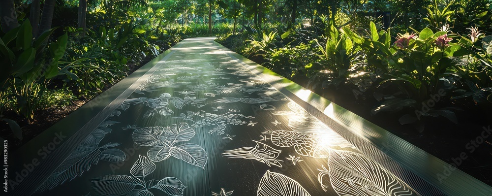 An aluminum siding walkway in a botanical garden, featuring etched ...