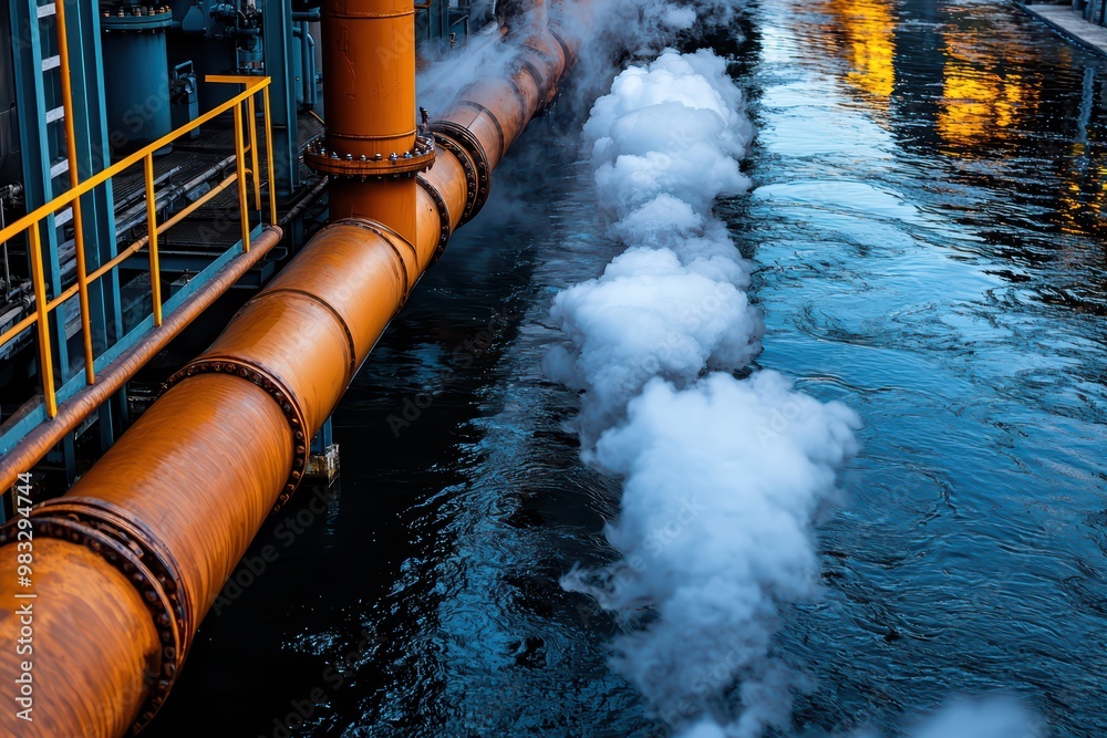 Steam billows from an industrial pipe, creating a dramatic contrast ...
