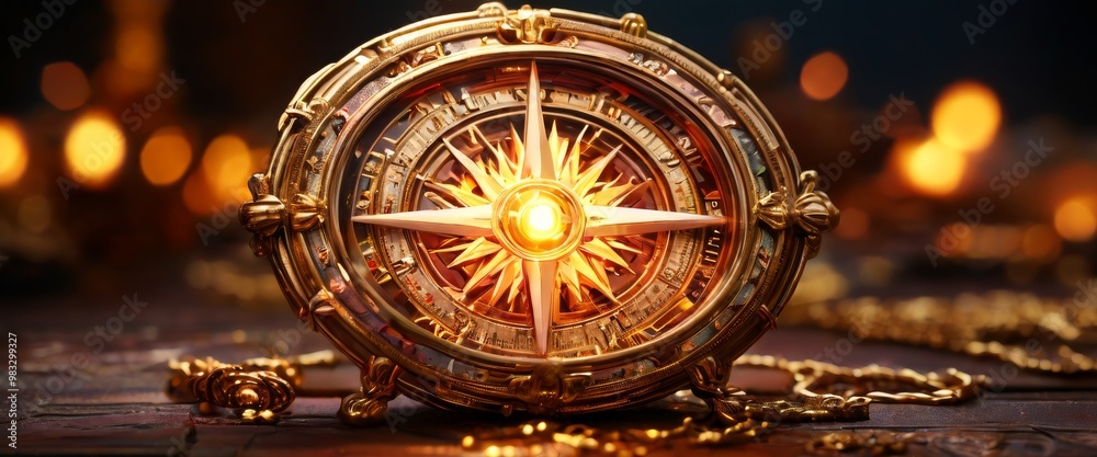 A close-up of a beautifully crafted compass with intricate golden ...