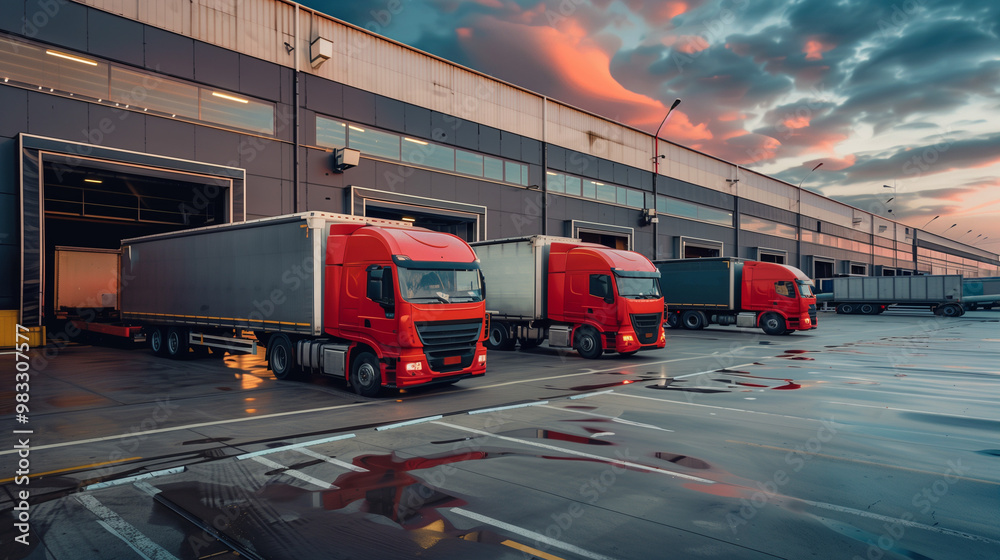 Red freight trucks parked at a modern warehouse facility, with a ...
