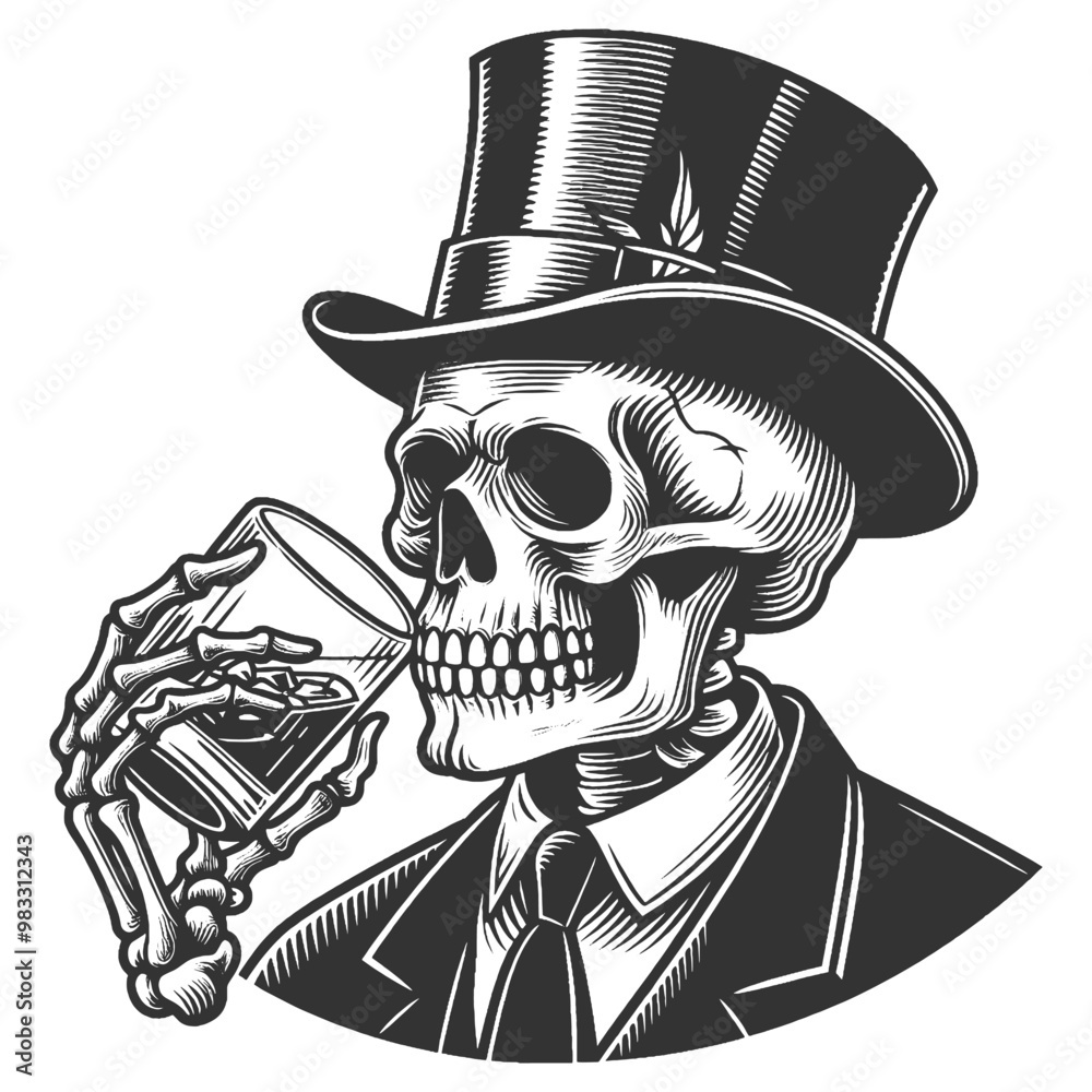 skeleton in top hat drinks whiskey from a glass vintage vibe sketch ...