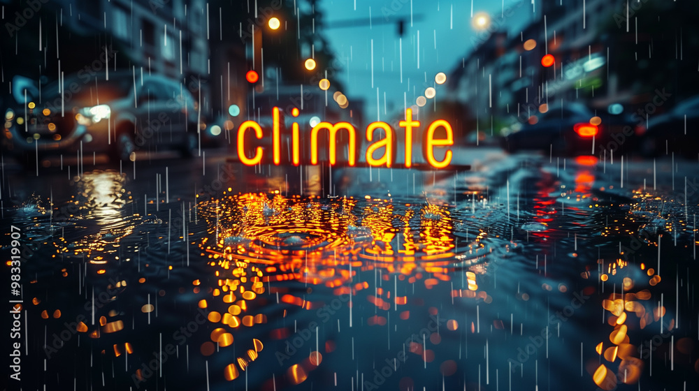 Glowing word "climate" on a city street in the strong rain. Global ...