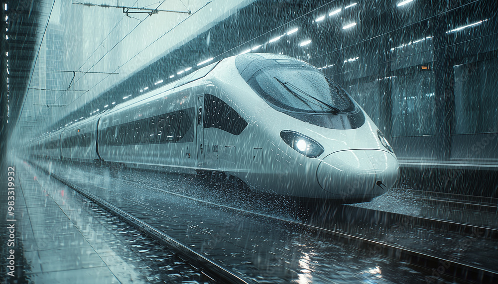 An ultra-modern high-speed train moving on wet tracks during a heavy ...