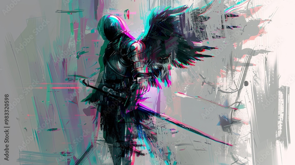 A fallen angel with outstretched wings and a sword in his hand. A ...