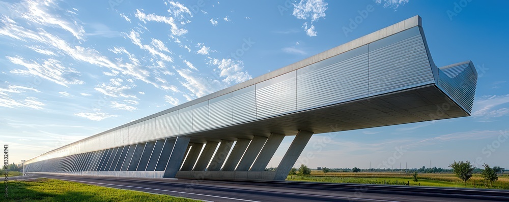 A bridge overpass clad in aluminum siding, designed with aerodynamic ...