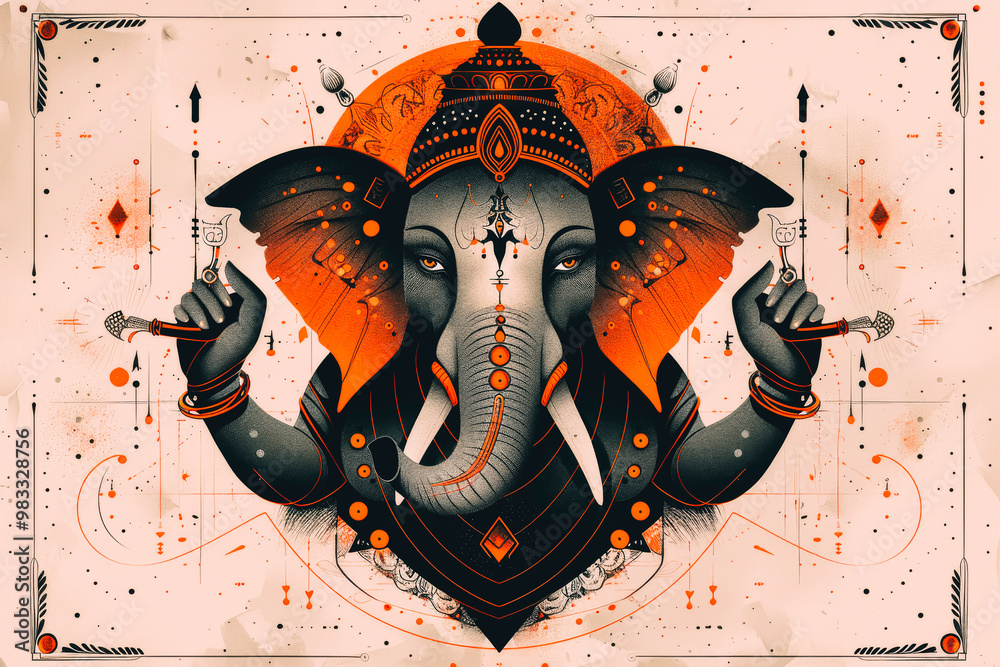 Intricate Elephant Deity Illustration in Hindu-inspired Style with ...