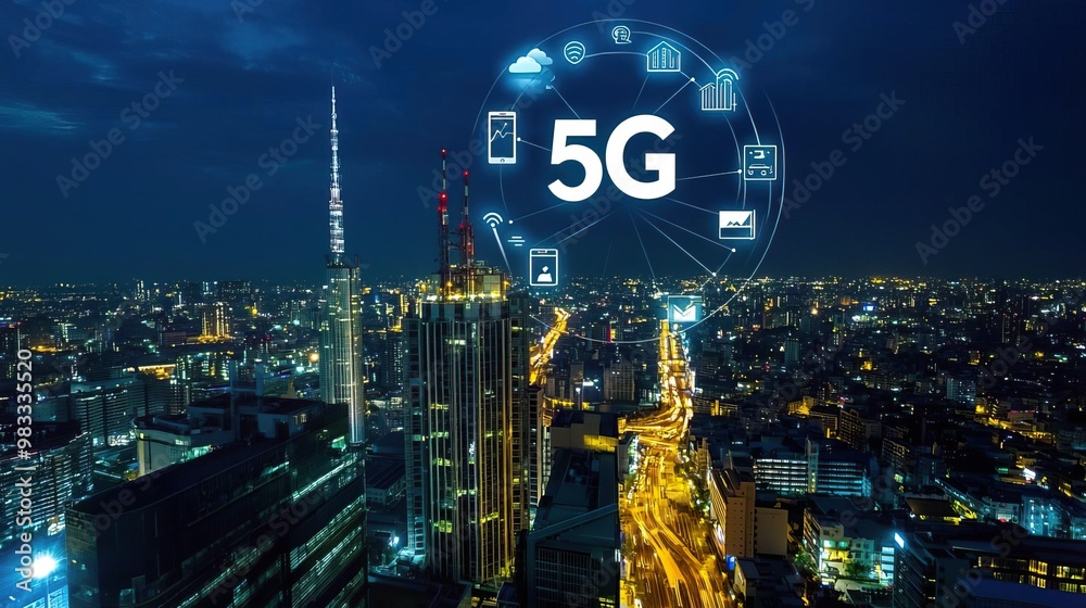 City skyline at night with 5G network symbol, illuminated buildings and ...