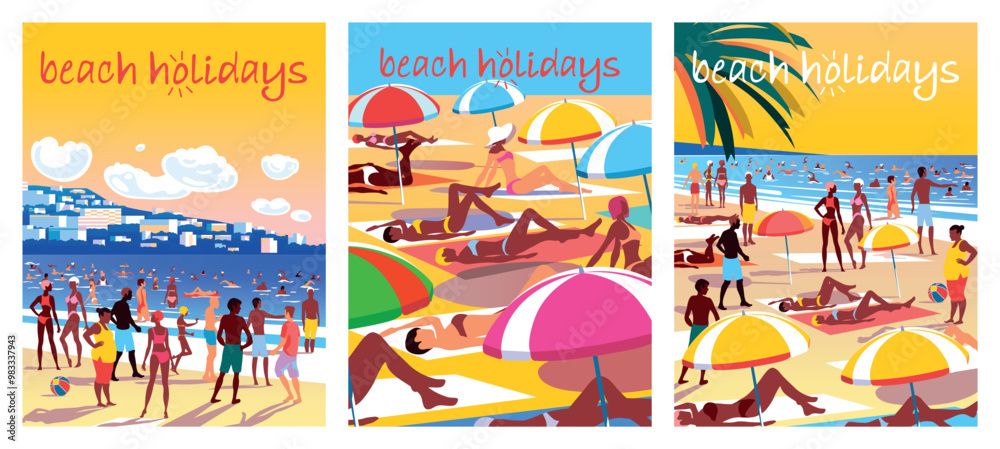 Summer beach family holidays and weekends. Set of comic hand drawing ...