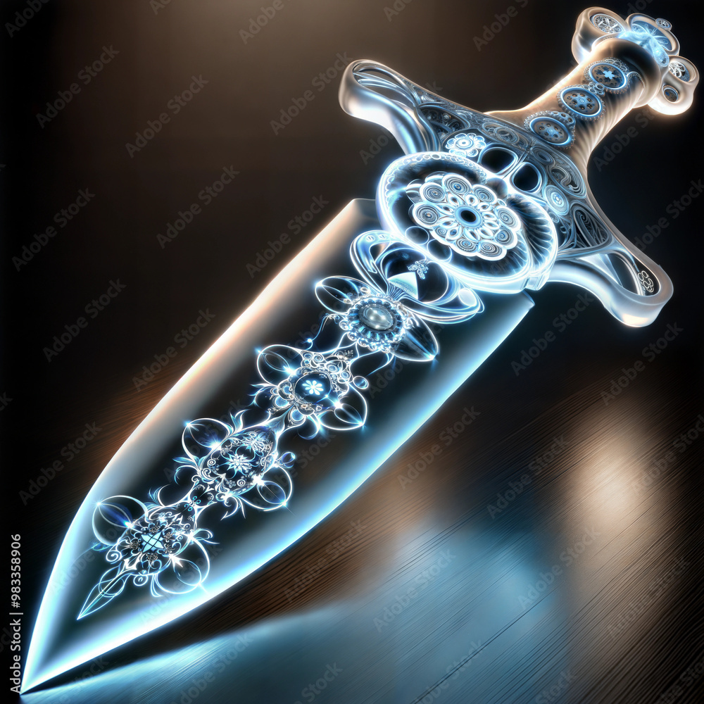 Glowing ornate sword with intricate mandala designs, soft blue ...