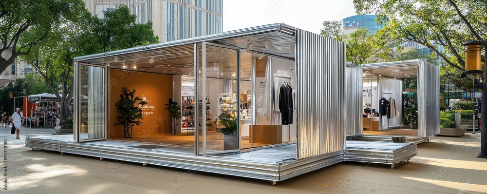 A modular, pop-up shopping area constructed entirely from recycled ...