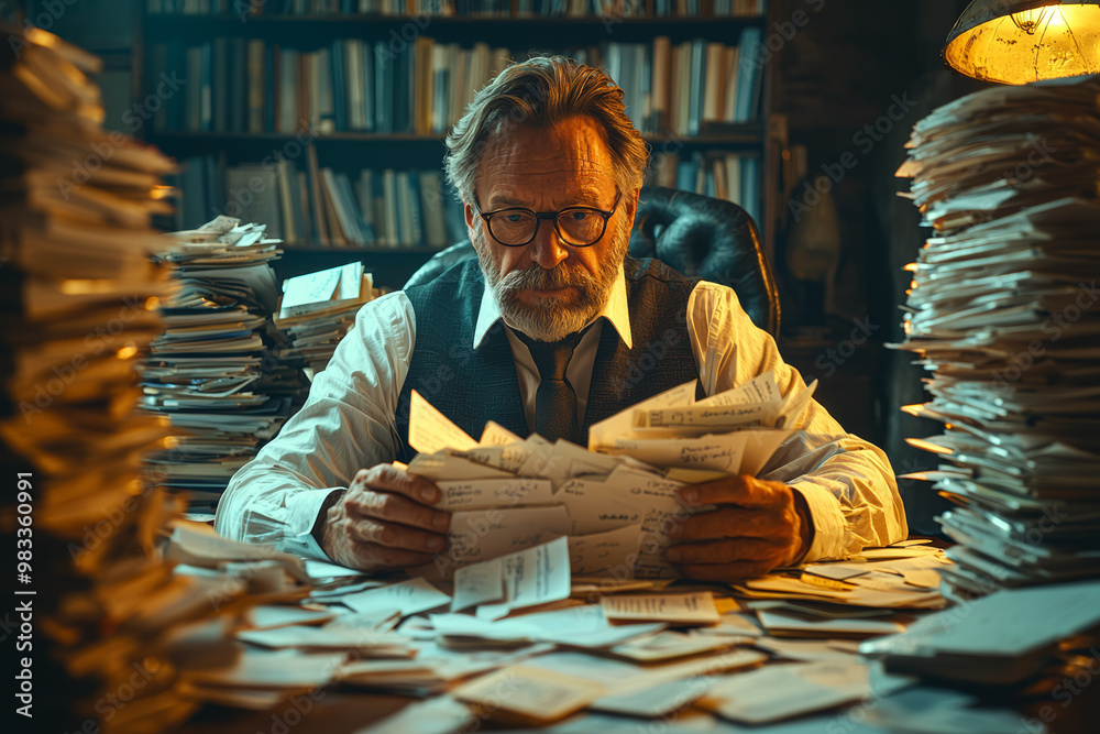 A CEO sitting at a desk with an overflowing inbox, literally buried ...