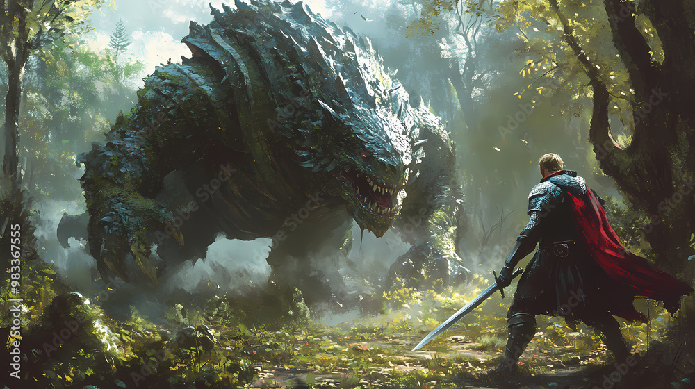 Dramatic fantasy setting where a hero fights a colossal scaled beast in ...