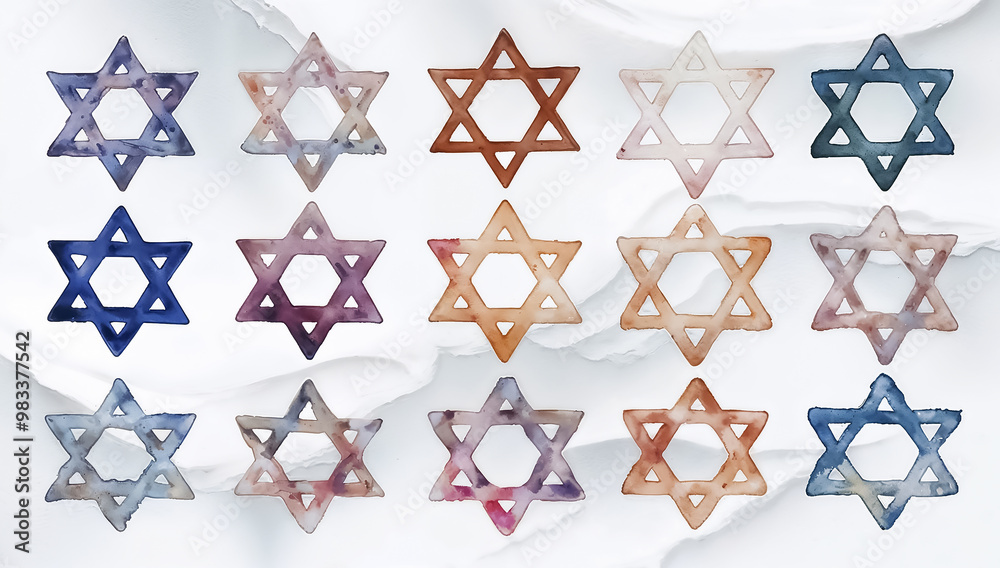 Watercolor multi colored rows of Stars of David symbols in various ...