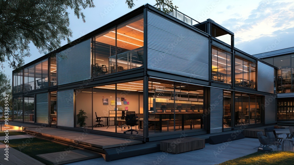 A series of modular, stackable office spaces on a tech campus ...