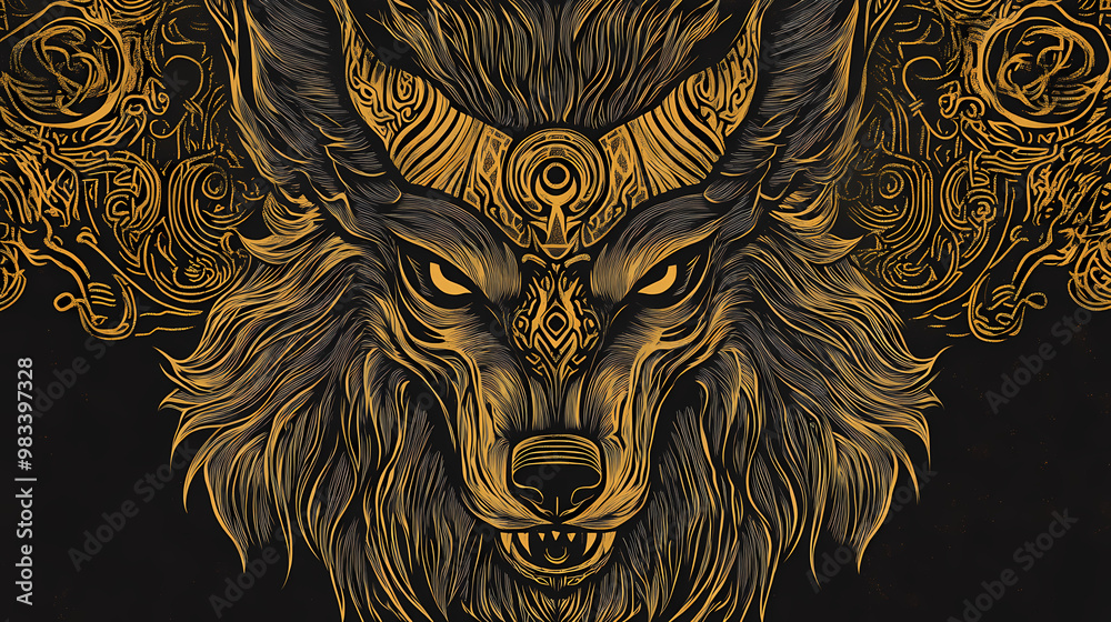 Fenrir the viking wolf god in black and gold line art style showcases ...