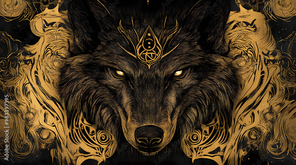 Fenrir the viking wolf god in black and gold line art style showcases ...