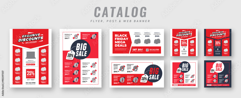 Supermarket product sale catalog flyer set with social media post ...