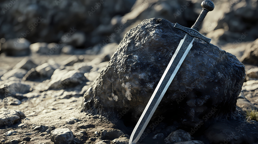 Sword embedded in a rock, akin to the legendary excalibur sword of king ...