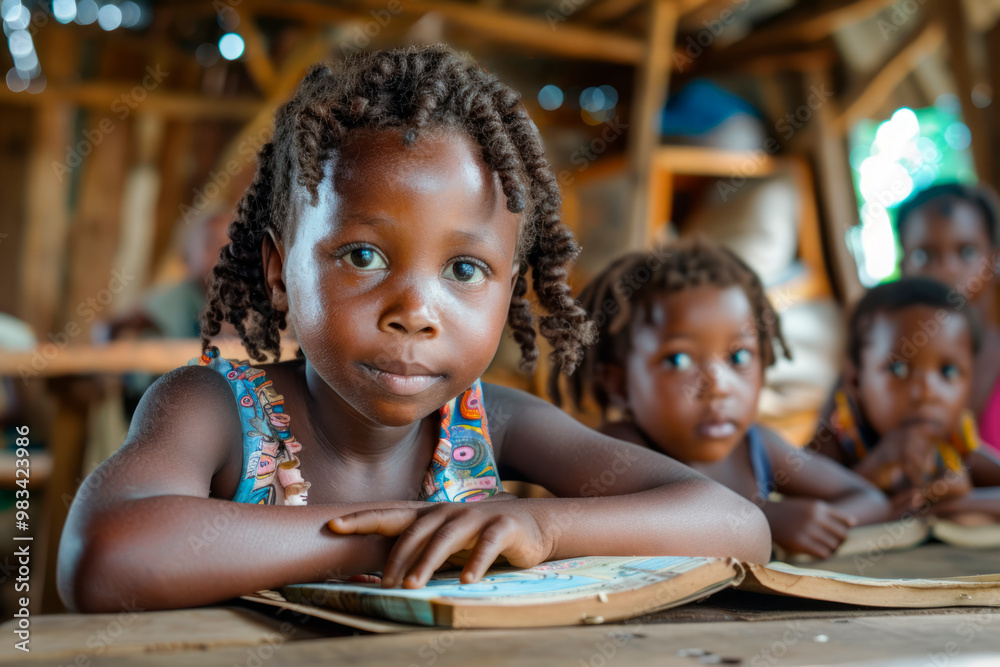 African children sit at desks in a classroom at a rural primary school ...