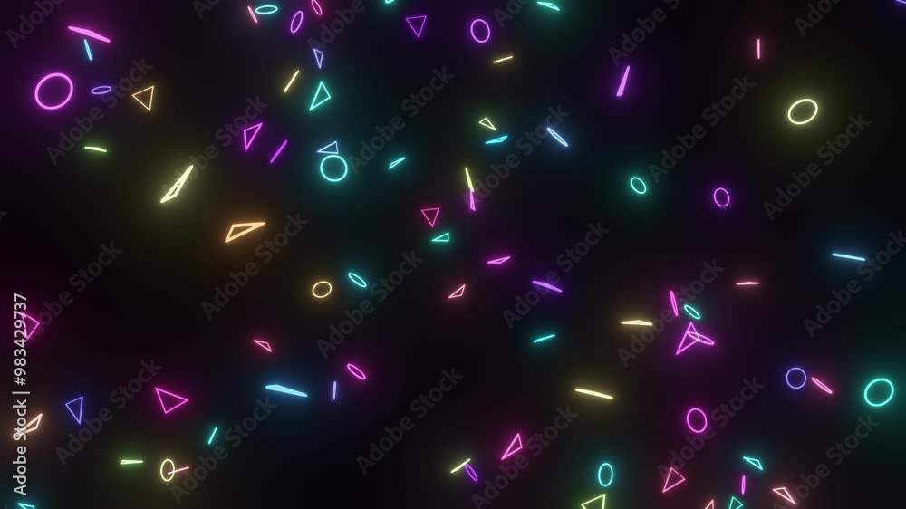 Abstract animated background of small neon shapes randomly slow moving and rotating, 4K animated ...