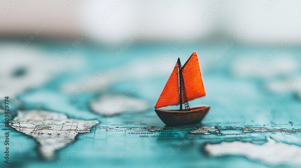 Tiny sailboat on a world map, ready to set sail. Stock Photo | Adobe Stock