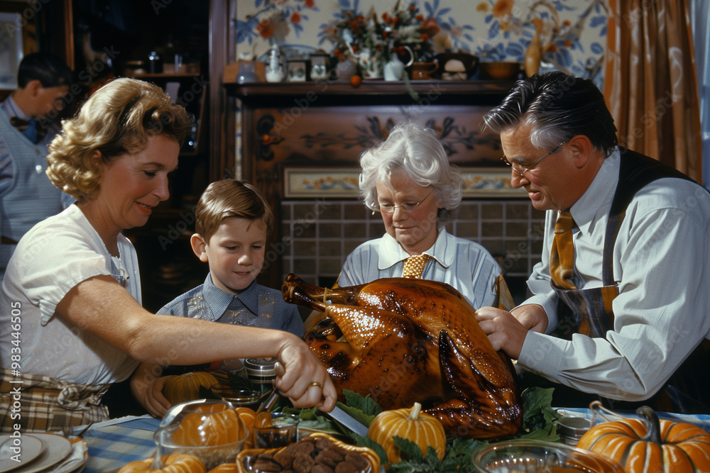 Vintage Photograph of an American Family at Thanksgiving Table Sharing ...