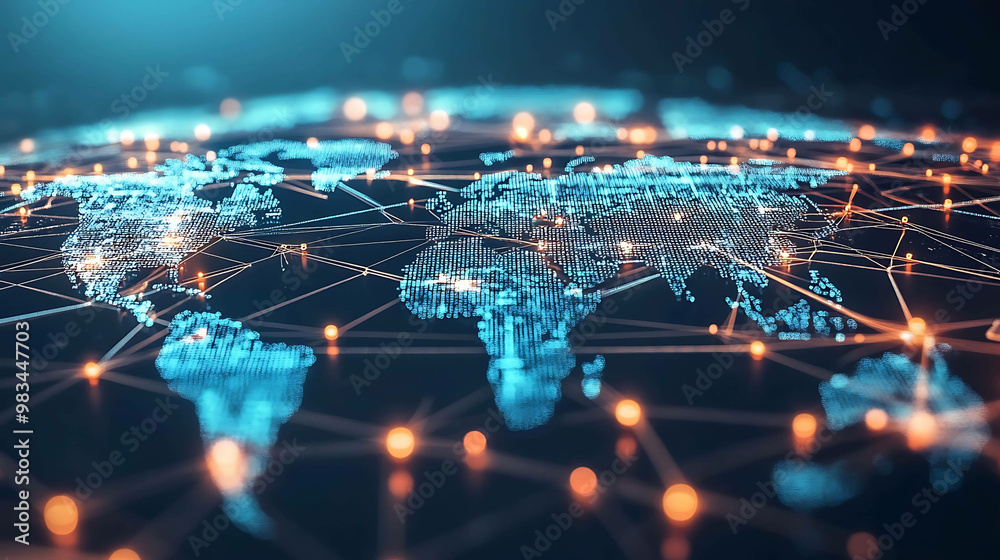 Digital world map with glowing lines connecting continents. Stock ...