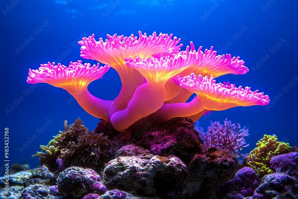 Fluorescent corals glowing under the ocean surface, their neon colors ...