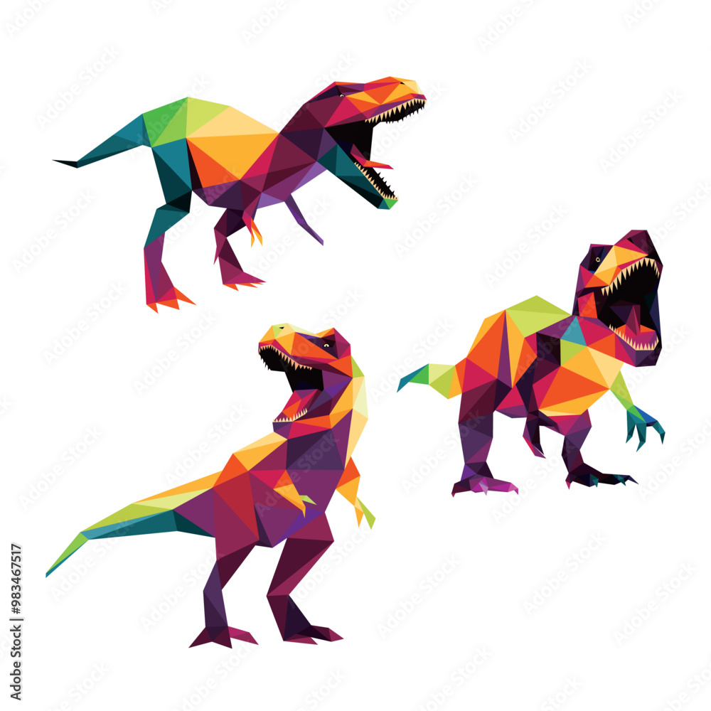 Angry T Rex Set in Colorful Polygonal Vector. Ferocious Tyrannosaurus ...