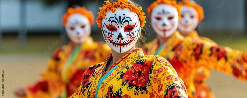 Obon dancers wearing Halloween masks performing traditional moves focus ...