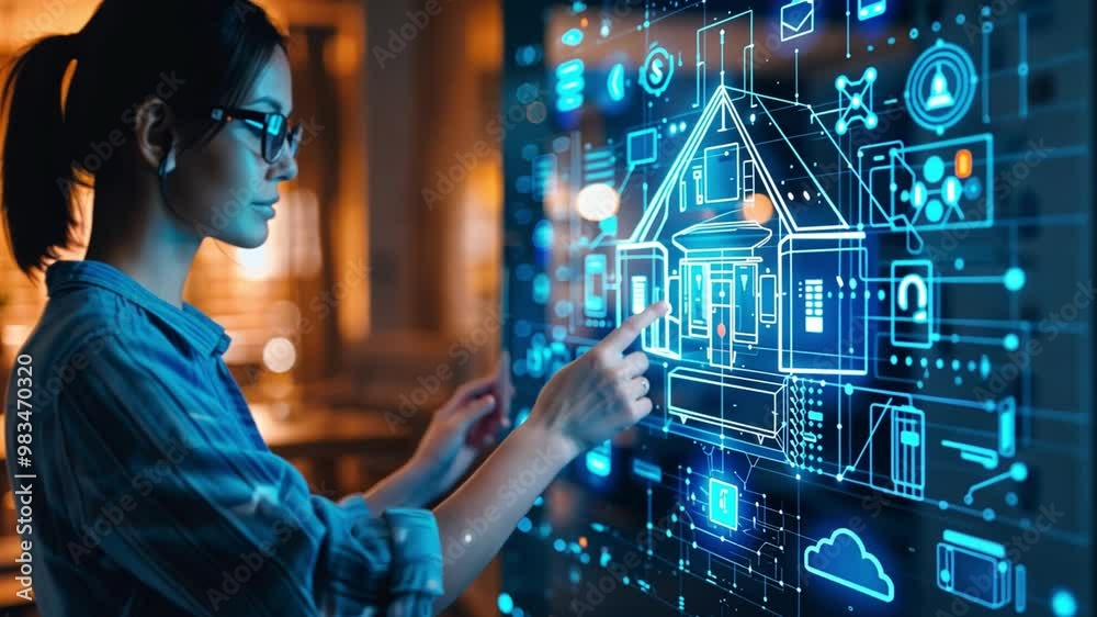 A woman in glasses engages with a high-tech interface that displays ...