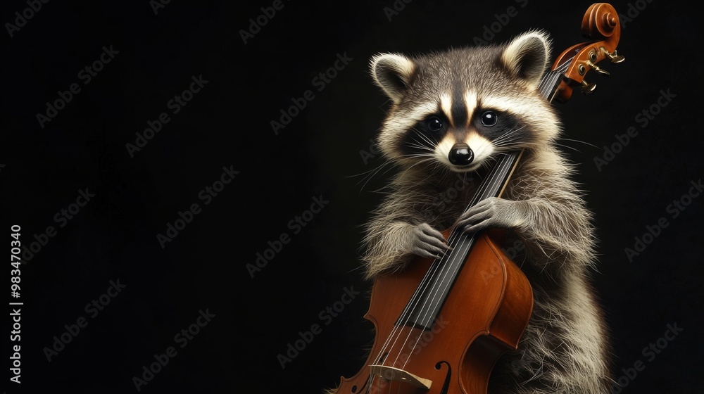 Image of a raccoon playing a cello against a black background, blending ...