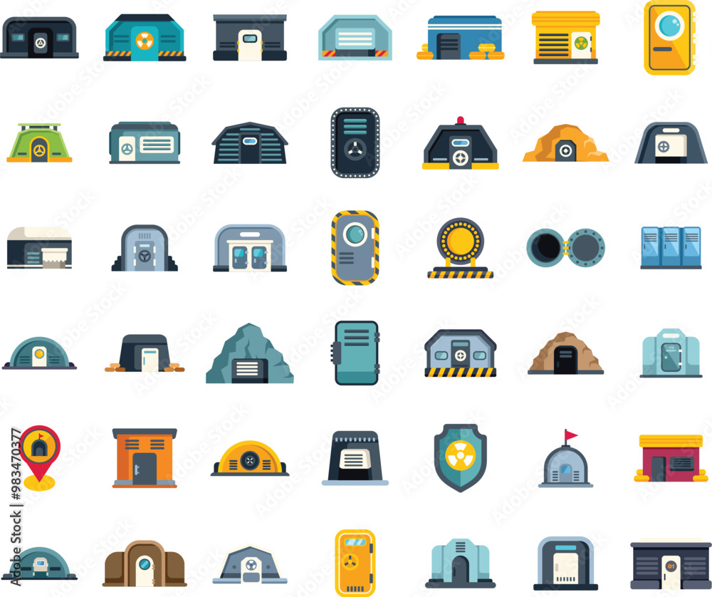 Big set of bunker icons in flat style showing different kinds of ...
