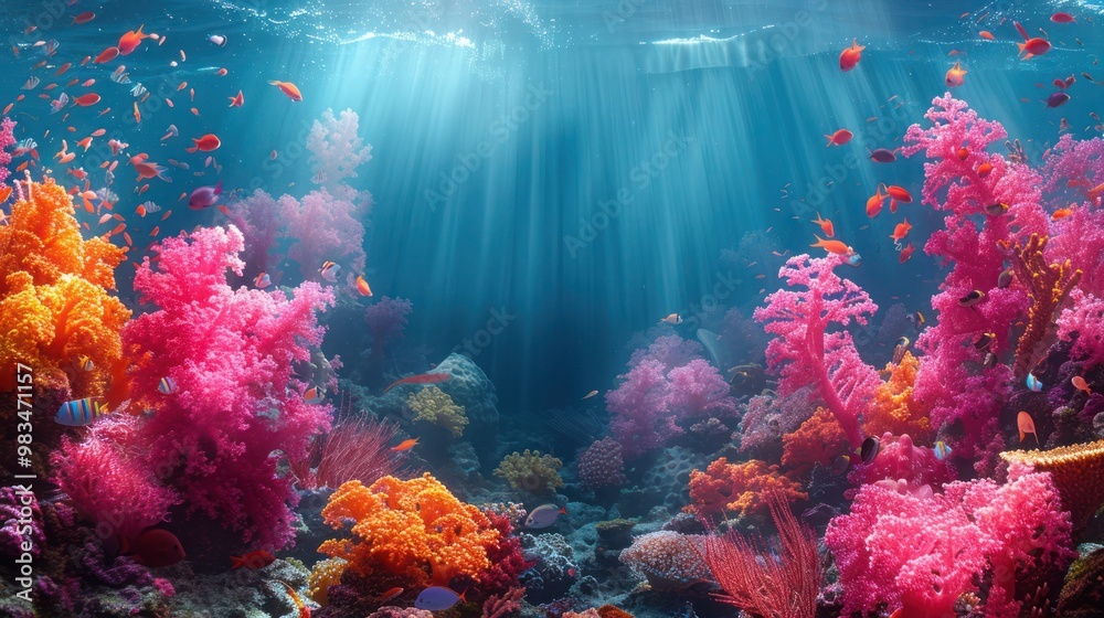 Beautiful tropical coral reef illuminated by sunlight, with a vibrant ...
