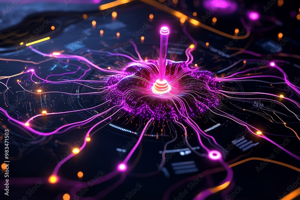 Abstract data flow infographic, with lines and glowing nodes ...