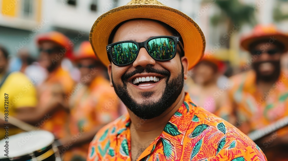 Samba musicians playing at full energy, surrounded by Carnival-goers ...