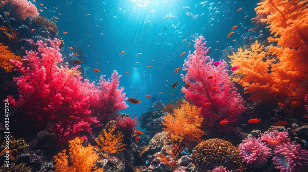 Beautiful tropical coral reef illuminated by sunlight, with a vibrant ...