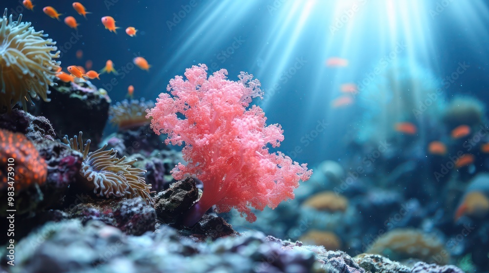 Beautiful tropical coral reef illuminated by sunlight, with a vibrant ...
