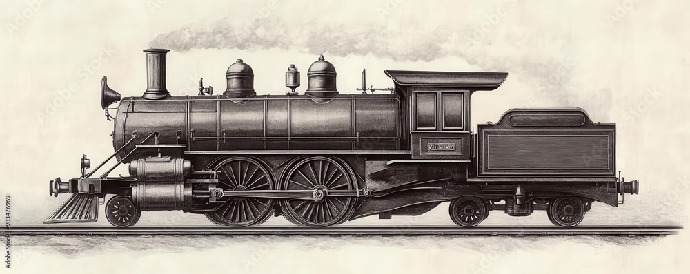 A detailed engraving of a Victorian-era steam locomotive with intricate ...