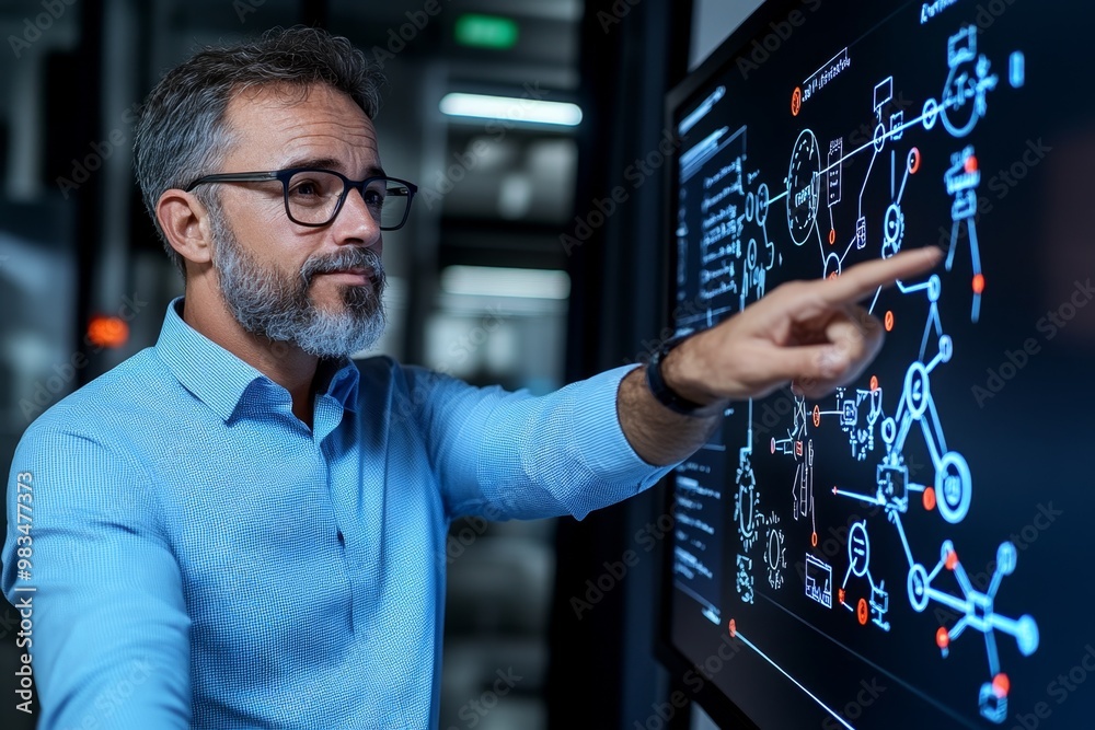 Business professional explaining process changes, pointing at a ...