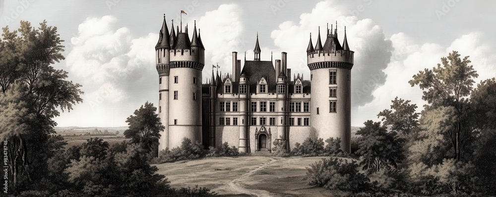 An old engraving of a gothic castle with towering turrets and dark ...