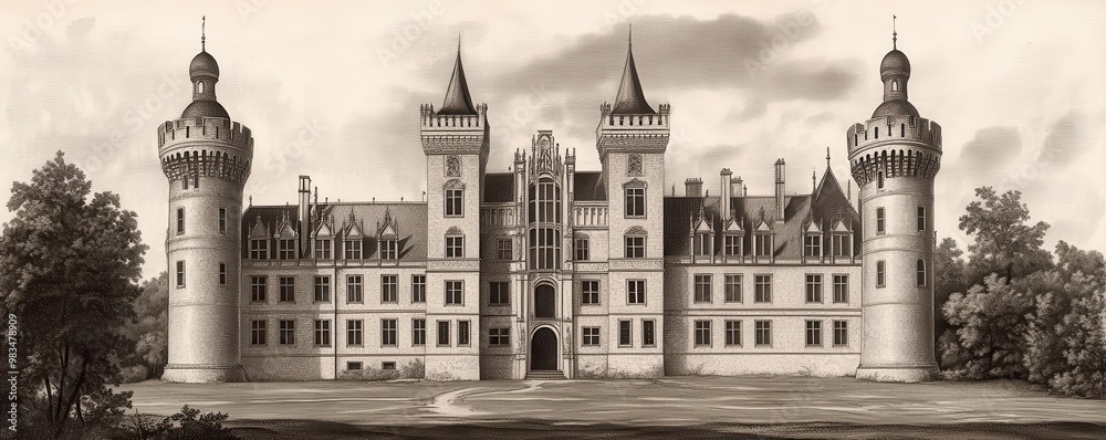 An old engraving of a gothic castle with towering turrets and dark ...