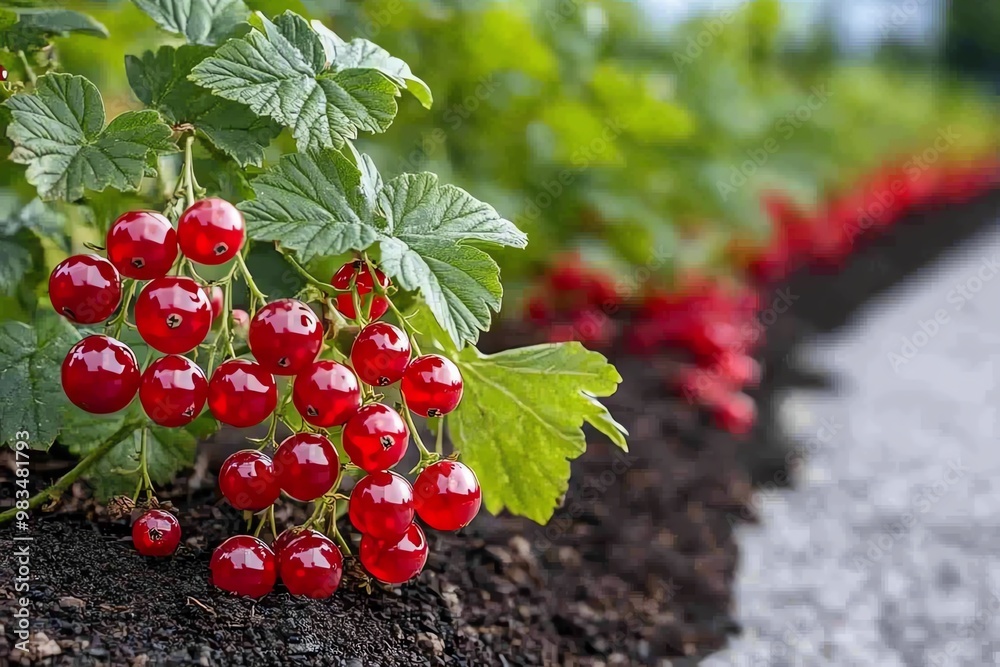 Red currant bush growing alongside a garden path, its bright red ...