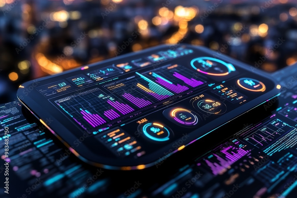 Futuristic real-time data dashboard, with glowing bar graphs and pie ...