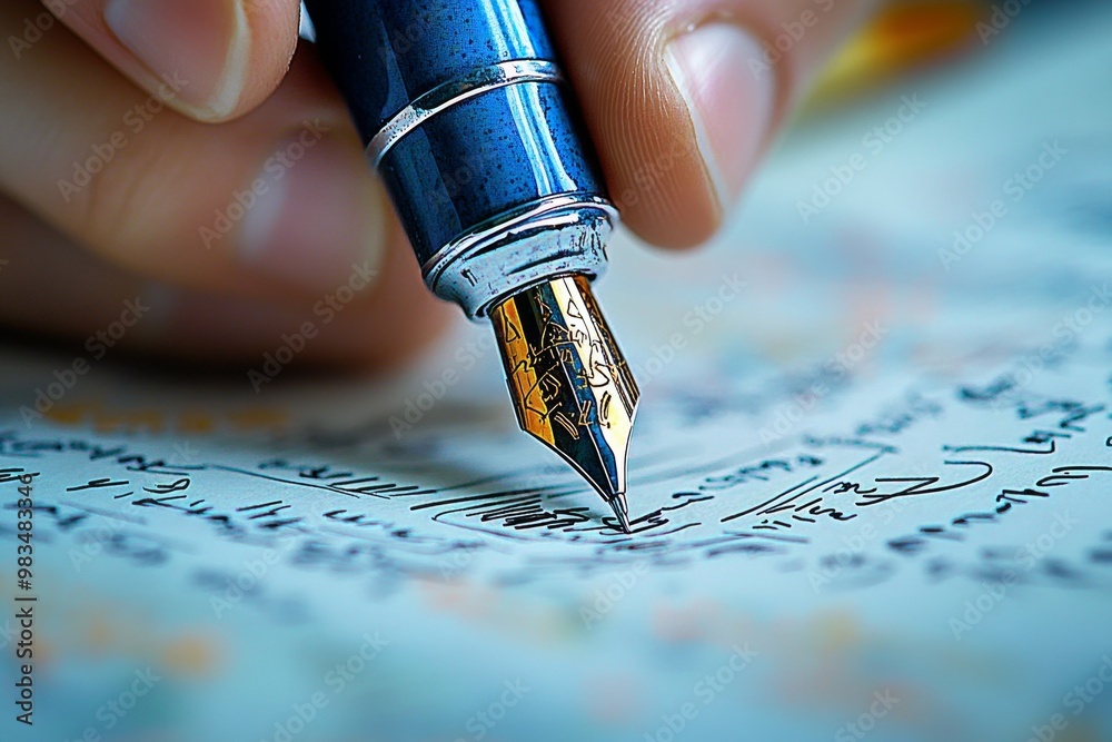 Ink pen drawing lines on a page, with the lines turning into words and ...