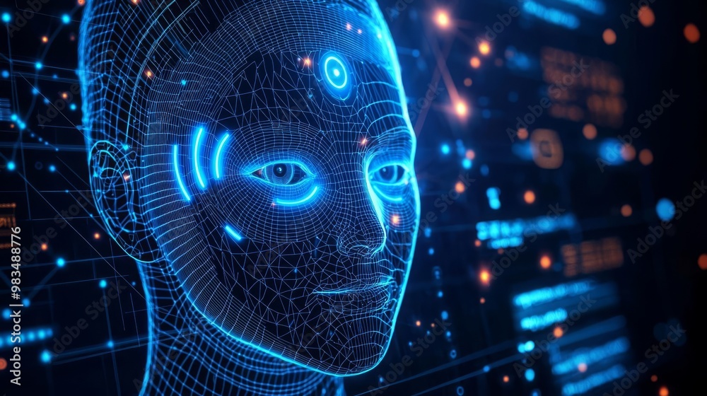 Face ID Log in Scan A futuristic digital interface showing a facial ID ...