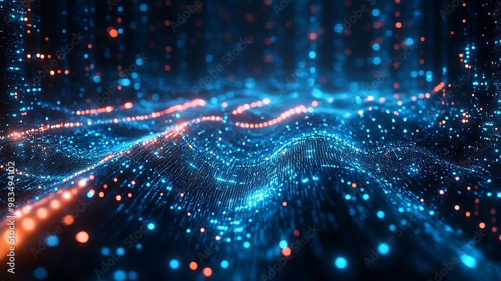 A futuristic 3D representation of a blockchain data stream, with interconnected nodes glowing as ...