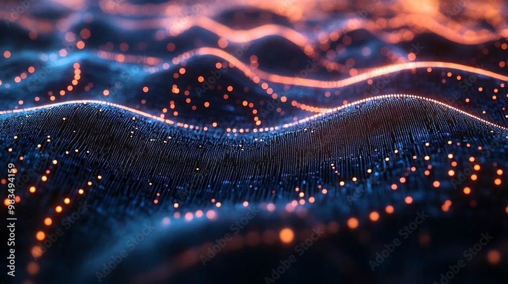 A futuristic 3D representation of a blockchain data stream, with interconnected nodes glowing as ...