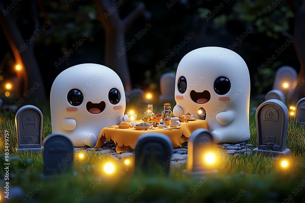Spoopy ghost family having a picnic in a graveyard, with cute ...