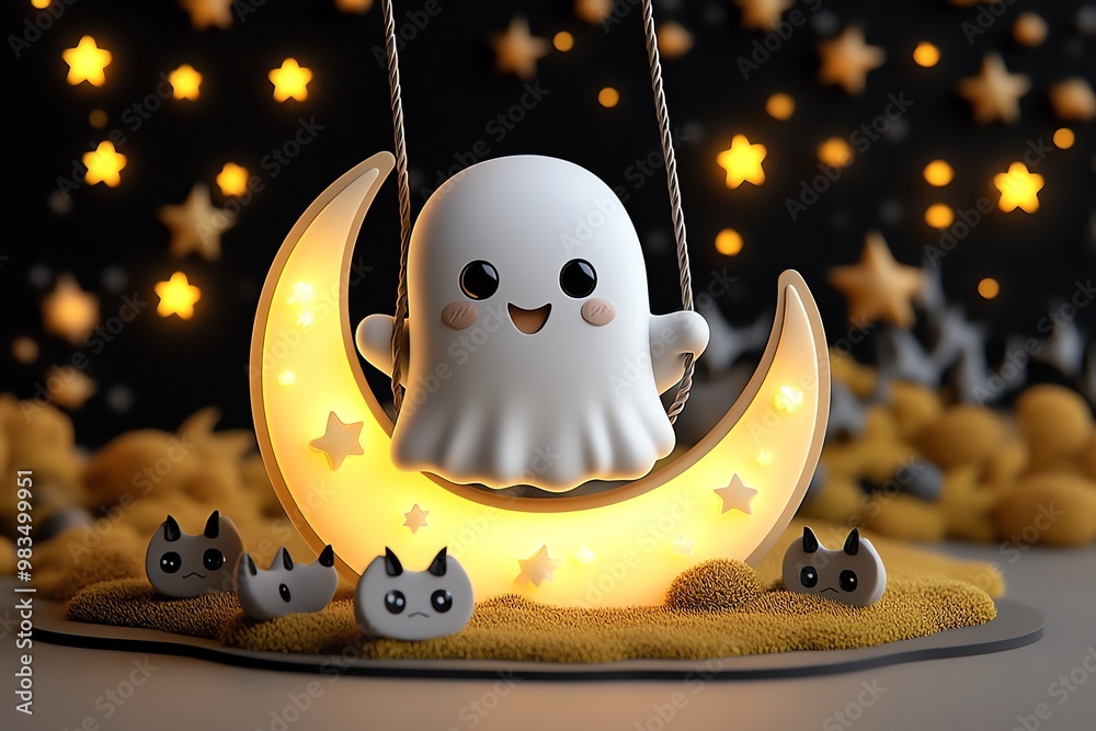 Spoopy ghost swinging on a crescent moon, with glowing stars and cute bats around it Stock ...